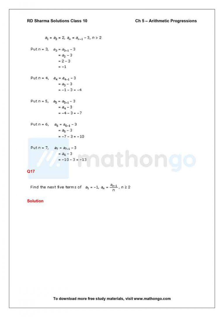 RD Sharma Class 10 Solutions Chapter 5 – Arithmetic Progressions – MathonGo