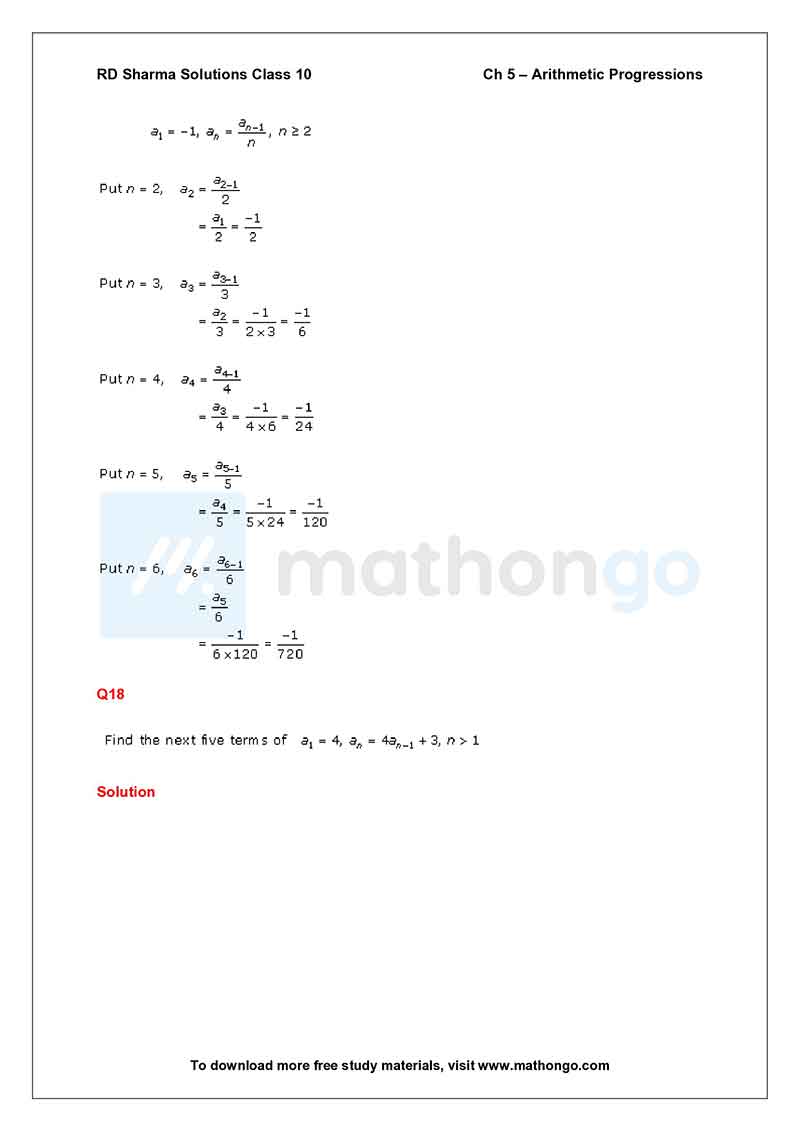 RD Sharma Class 10 Solutions Chapter 5 – Arithmetic Progressions – MathonGo