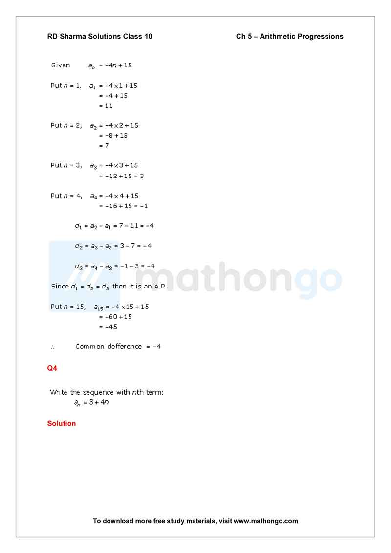 RD Sharma Class 10 Solutions Chapter 5 – Arithmetic Progressions – MathonGo