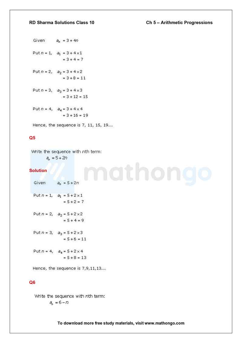 RD Sharma Class 10 Solutions Chapter 5 – Arithmetic Progressions – MathonGo