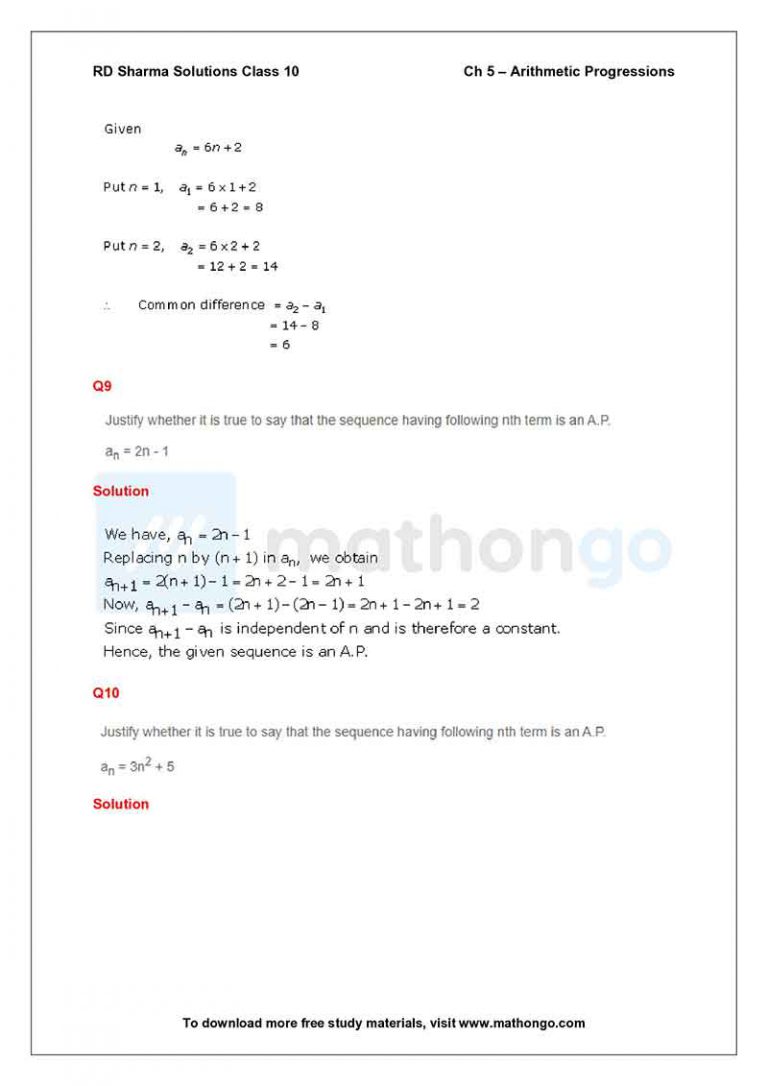 RD Sharma Class 10 Solutions Chapter 5 – Arithmetic Progressions – MathonGo