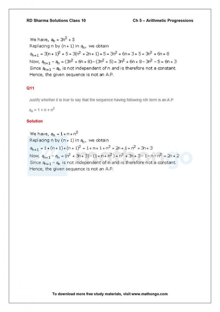 RD Sharma Class 10 Solutions Chapter 5 – Arithmetic Progressions – MathonGo