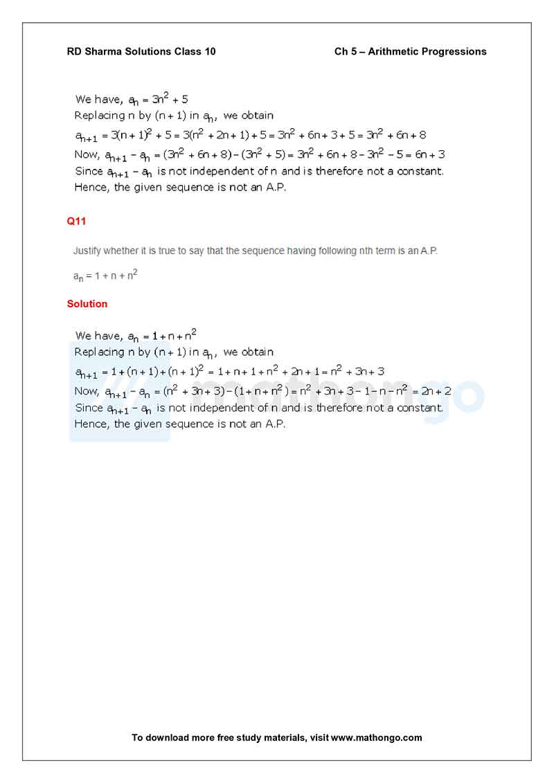 RD Sharma Class 10 Solutions Chapter 5 – Arithmetic Progressions – MathonGo