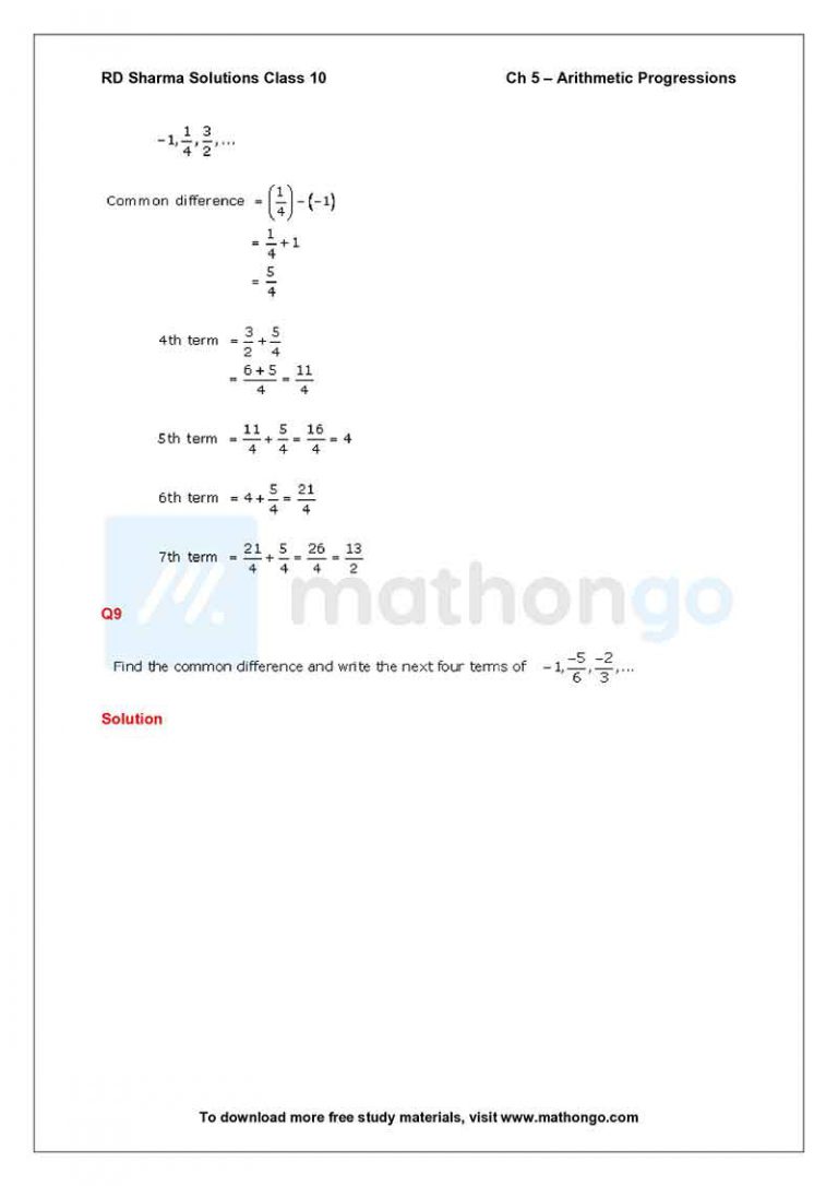 RD Sharma Class 10 Solutions Chapter 5 – Arithmetic Progressions – MathonGo