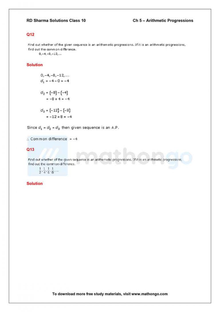 RD Sharma Class 10 Solutions Chapter 5 – Arithmetic Progressions – MathonGo