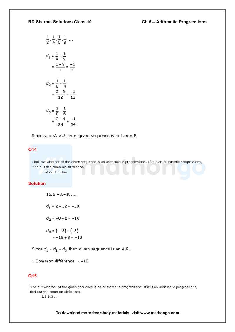 RD Sharma Class 10 Solutions Chapter 5 – Arithmetic Progressions – MathonGo