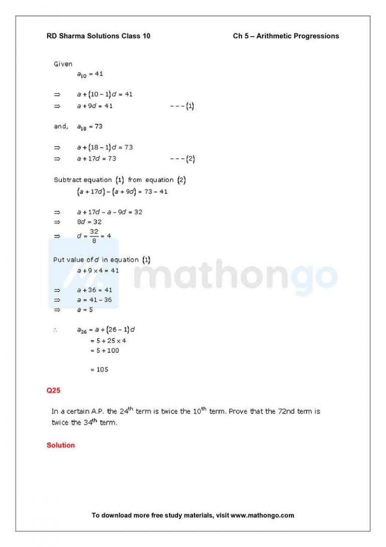 RD Sharma Class 10 Solutions Chapter 5 – Arithmetic Progressions – MathonGo