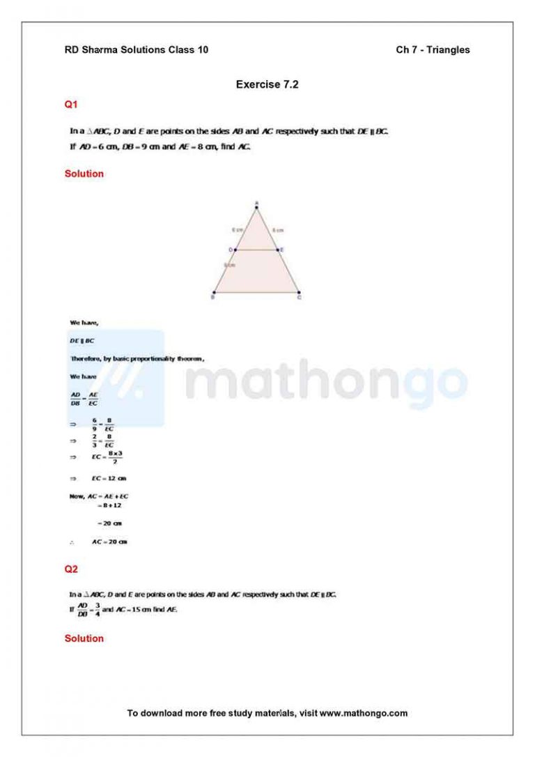 RD Sharma Class 10 Solutions Chapter 7 – Triangles – MathonGo