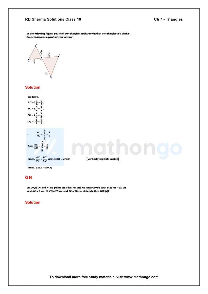 RD Sharma Class 10 Solutions Chapter 7 – Triangles – MathonGo
