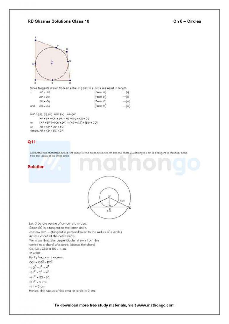 RD Sharma Class 10 Solutions Chapter 8 – Circles – MathonGo