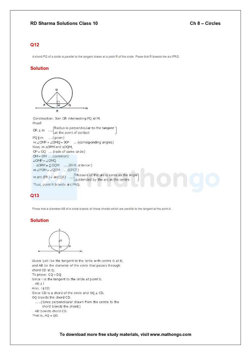 RD Sharma Class 10 Solutions Chapter 8 – Circles – MathonGo