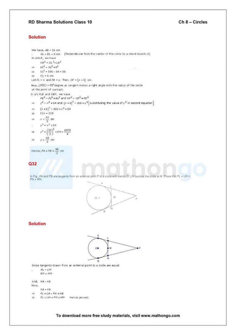 RD Sharma Class 10 Solutions Chapter 8 – Circles – MathonGo
