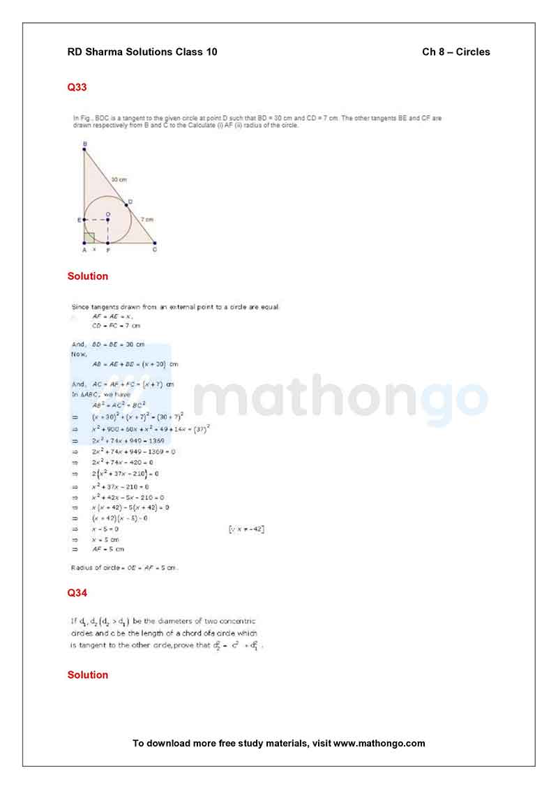 RD Sharma Class 10 Solutions Chapter 8 – Circles – MathonGo