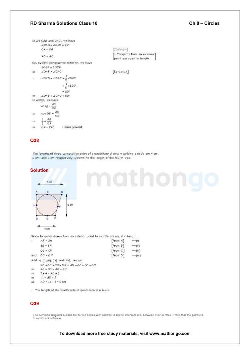 RD Sharma Class 10 Solutions Chapter 8 – Circles – MathonGo