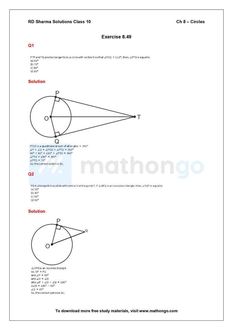 RD Sharma Class 10 Solutions Chapter 8 - Circles - PDF Download