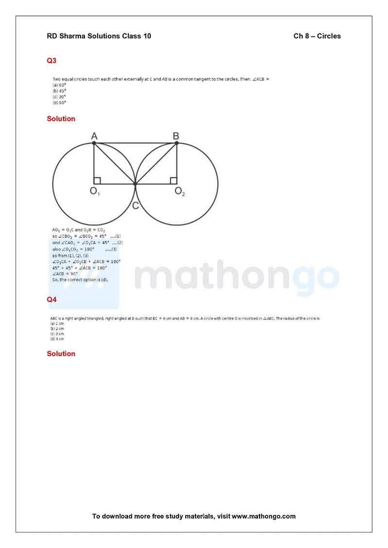 RD Sharma Class 10 Solutions Chapter 8 - Circles - PDF Download