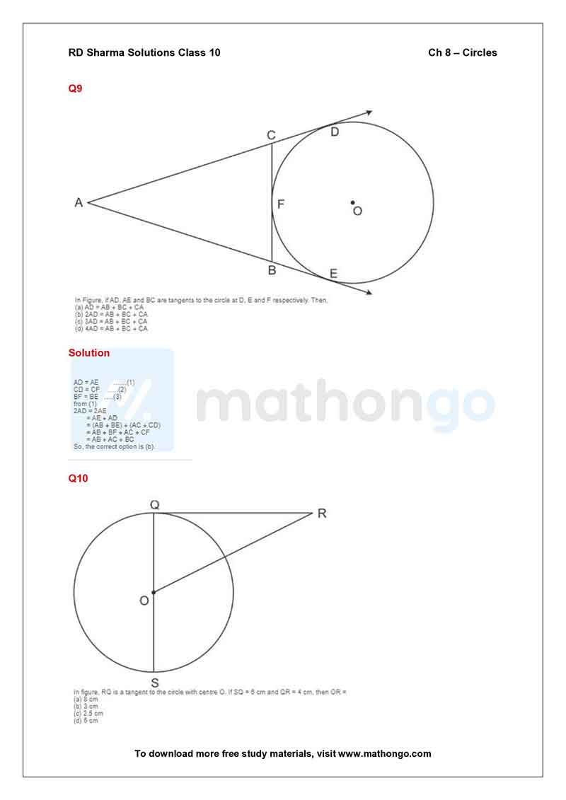 RD Sharma Class 10 Solutions Chapter 8 - Circles - PDF Download