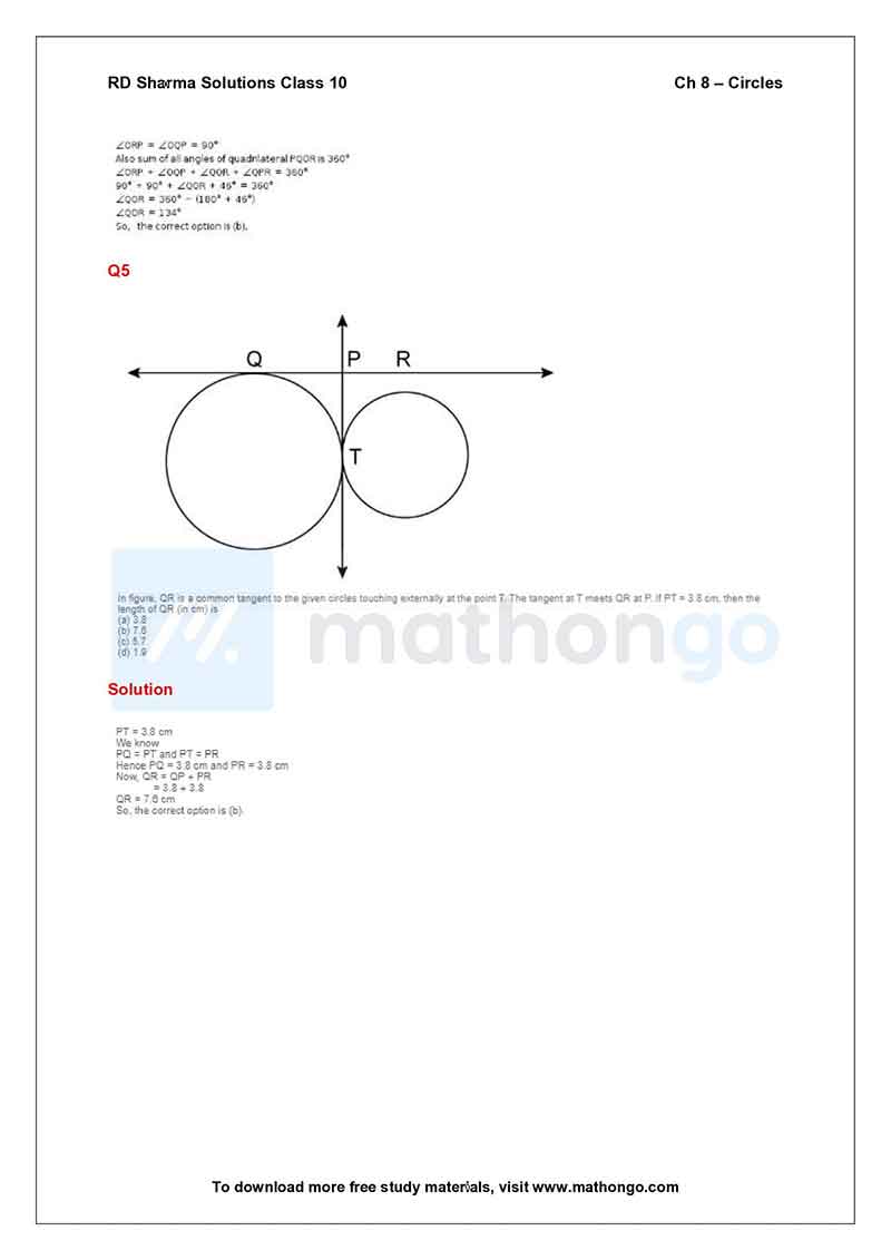 RD Sharma Class 10 Solutions Chapter 8 - Circles - PDF Download