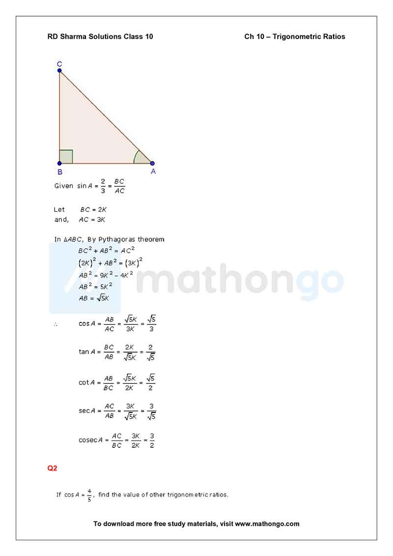 RD Sharma Class 10 Solutions Chapter 10 – Trigonometric Ratios – MathonGo