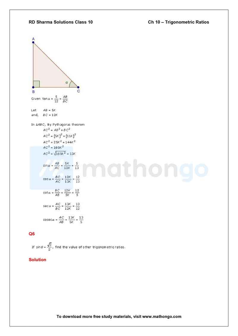 RD Sharma Class 10 Solutions Chapter 10 – Trigonometric Ratios – MathonGo