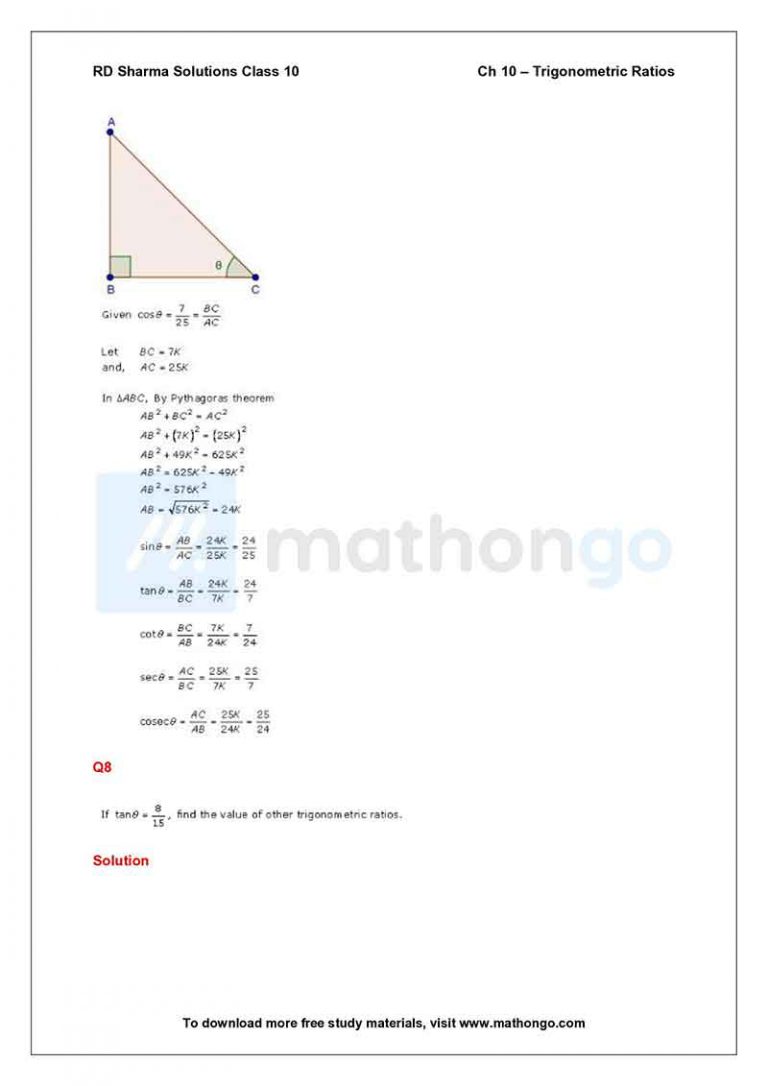 RD Sharma Class 10 Solutions Chapter 10 – Trigonometric Ratios – MathonGo