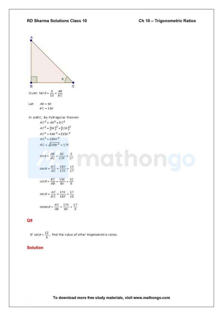 RD Sharma Class 10 Solutions Chapter 10 – Trigonometric Ratios – MathonGo