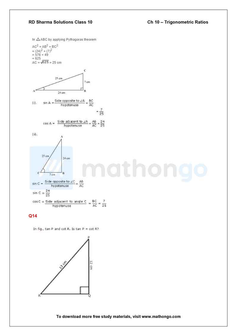 RD Sharma Class 10 Solutions Chapter 10 – Trigonometric Ratios – MathonGo