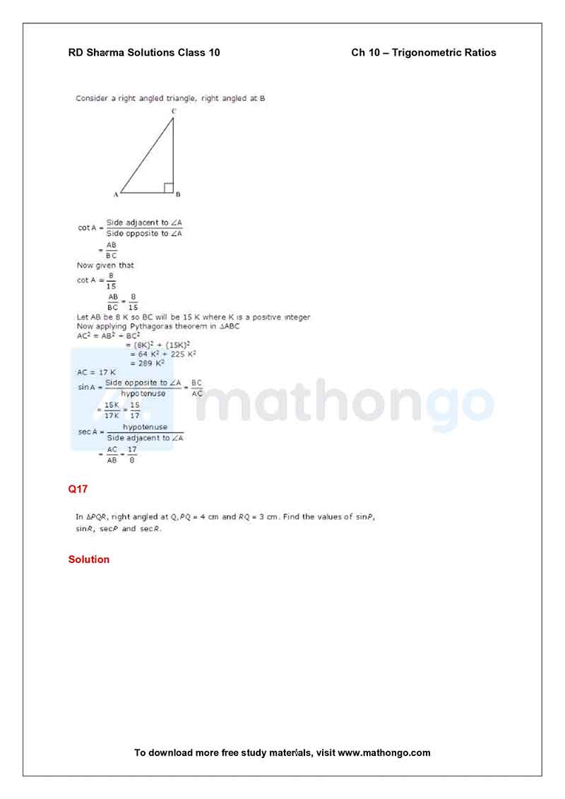 RD Sharma Class 10 Solutions Chapter 10 – Trigonometric Ratios – MathonGo