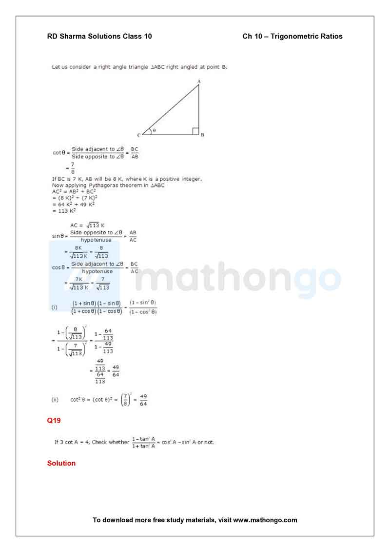 RD Sharma Class 10 Solutions Chapter 10 – Trigonometric Ratios – MathonGo