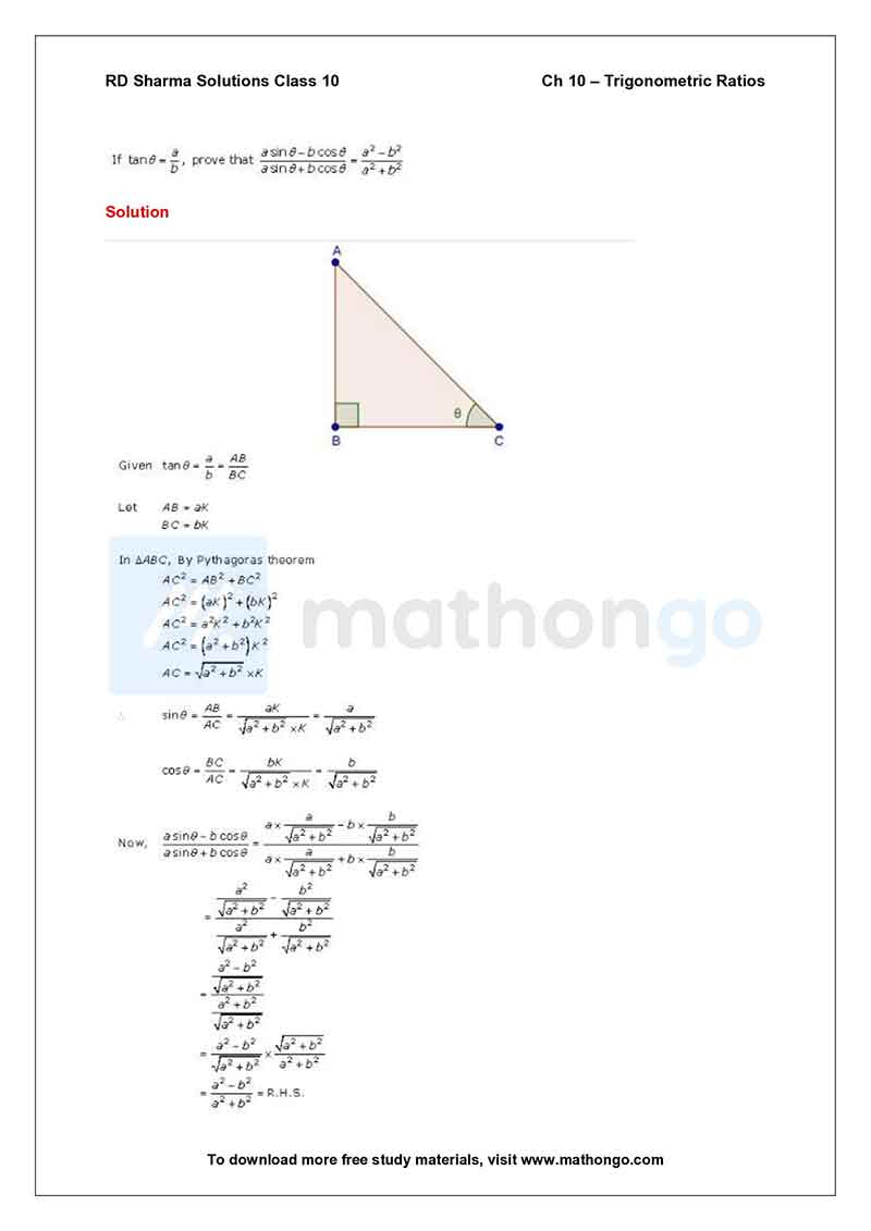 RD Sharma Class 10 Solutions Chapter 10 – Trigonometric Ratios – MathonGo