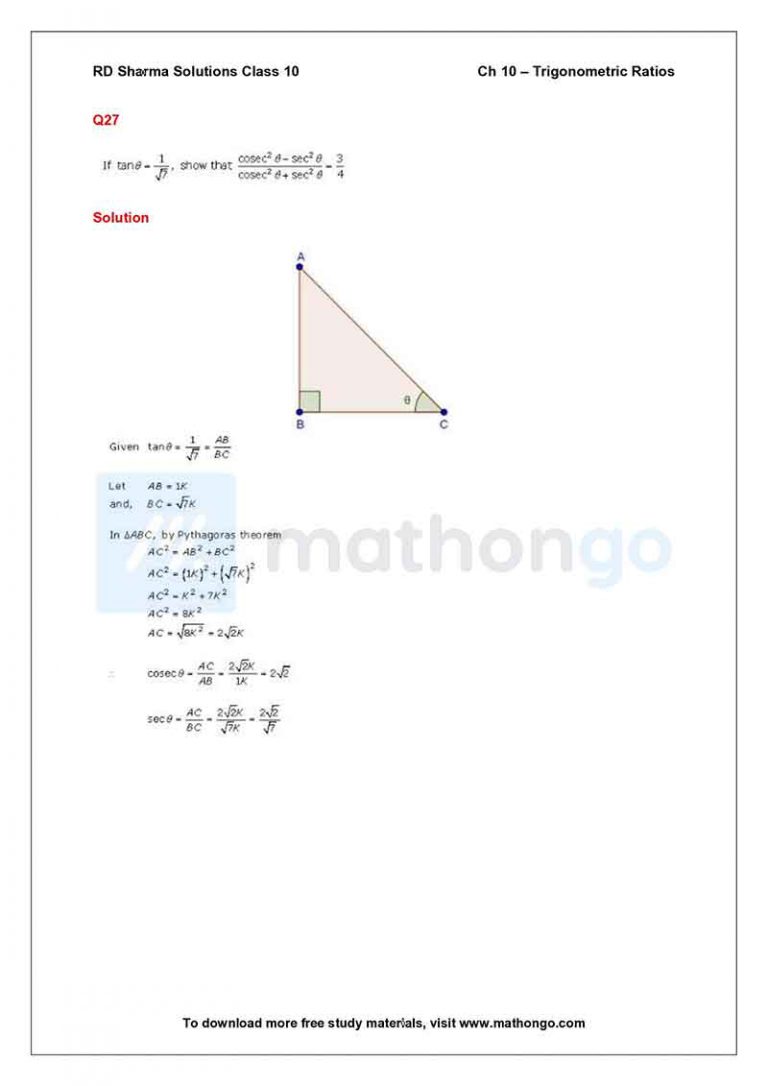 RD Sharma Class 10 Solutions Chapter 10 – Trigonometric Ratios – MathonGo