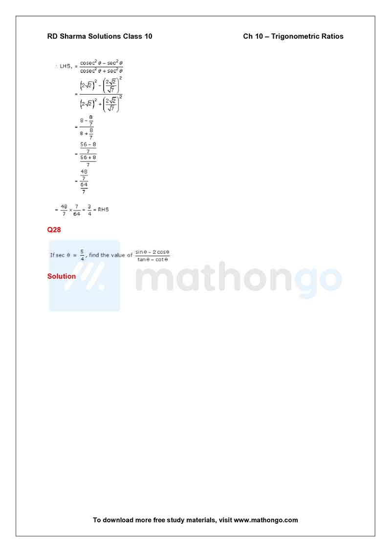 RD Sharma Class 10 Solutions Chapter 10 – Trigonometric Ratios – MathonGo