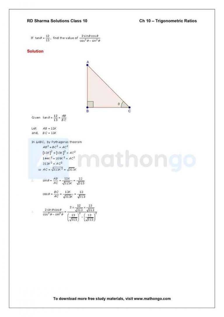 RD Sharma Class 10 Solutions Chapter 10 – Trigonometric Ratios – MathonGo