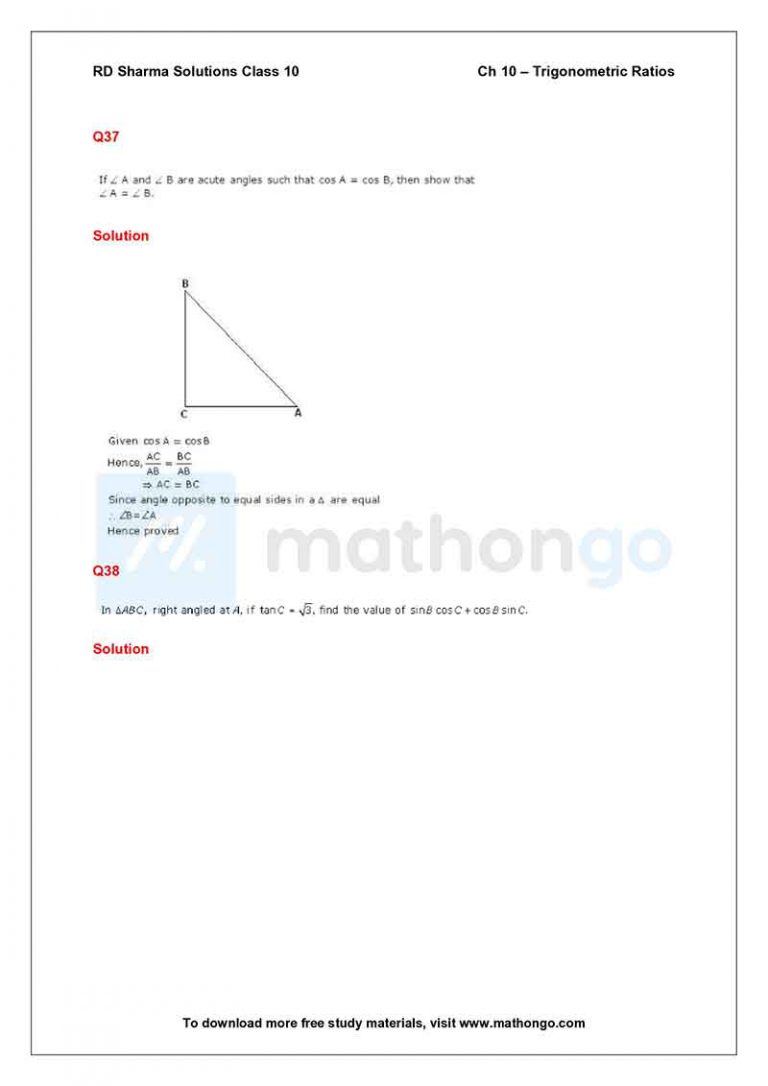 RD Sharma Class 10 Solutions Chapter 10 – Trigonometric Ratios – MathonGo