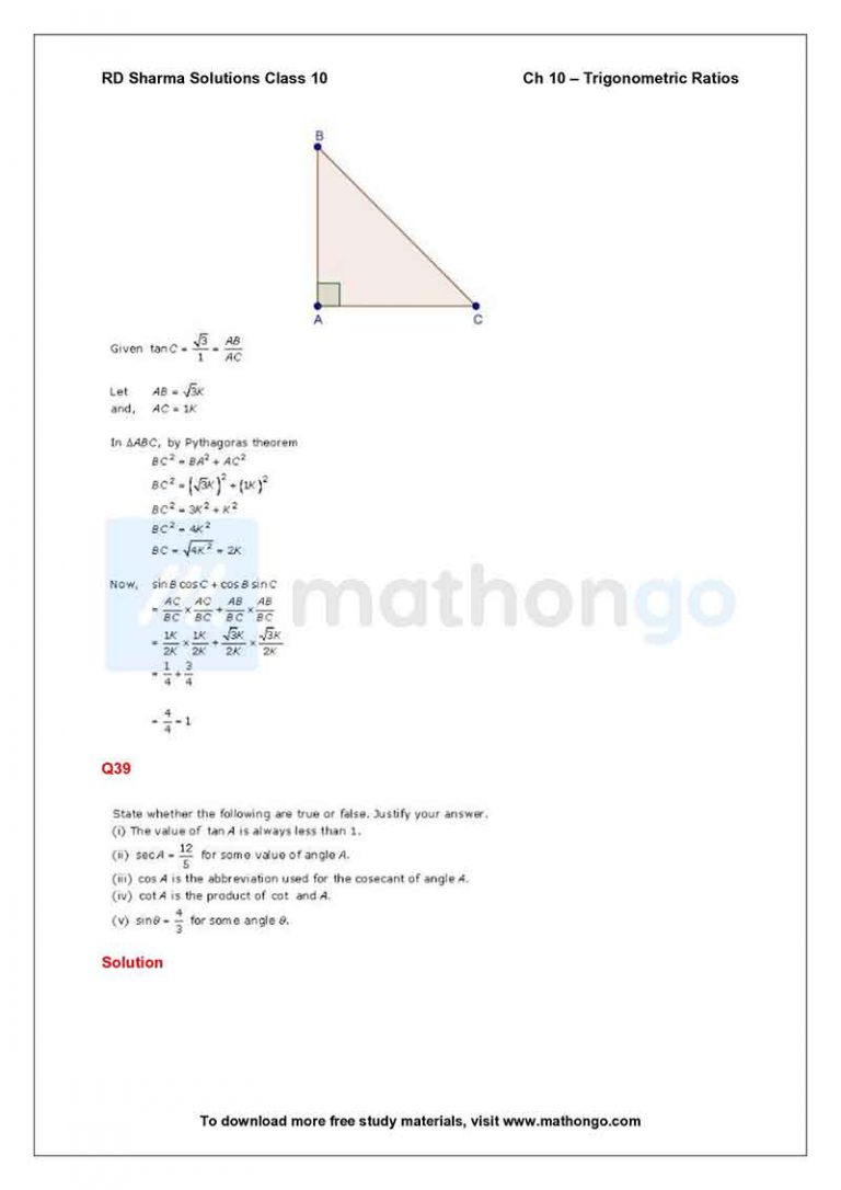 RD Sharma Class 10 Solutions Chapter 10 – Trigonometric Ratios – MathonGo