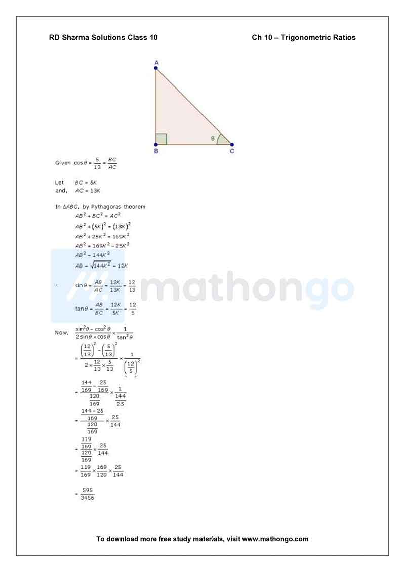 RD Sharma Class 10 Solutions Chapter 10 – Trigonometric Ratios – MathonGo