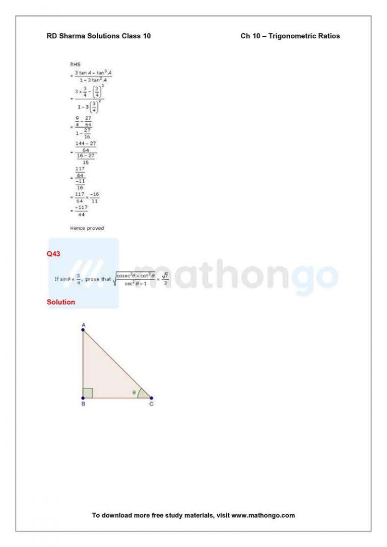 RD Sharma Class 10 Solutions Chapter 10 – Trigonometric Ratios – MathonGo