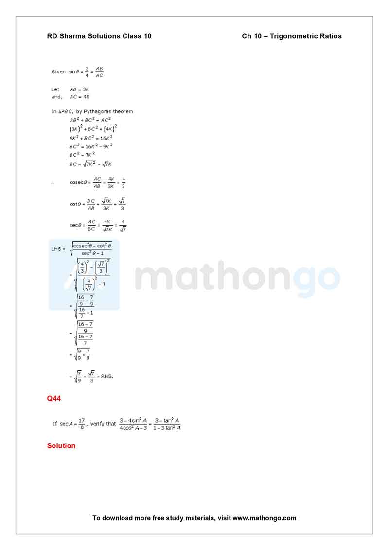 RD Sharma Class 10 Solutions Chapter 10 – Trigonometric Ratios – MathonGo