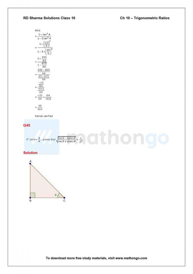 RD Sharma Class 10 Solutions Chapter 10 – Trigonometric Ratios – MathonGo
