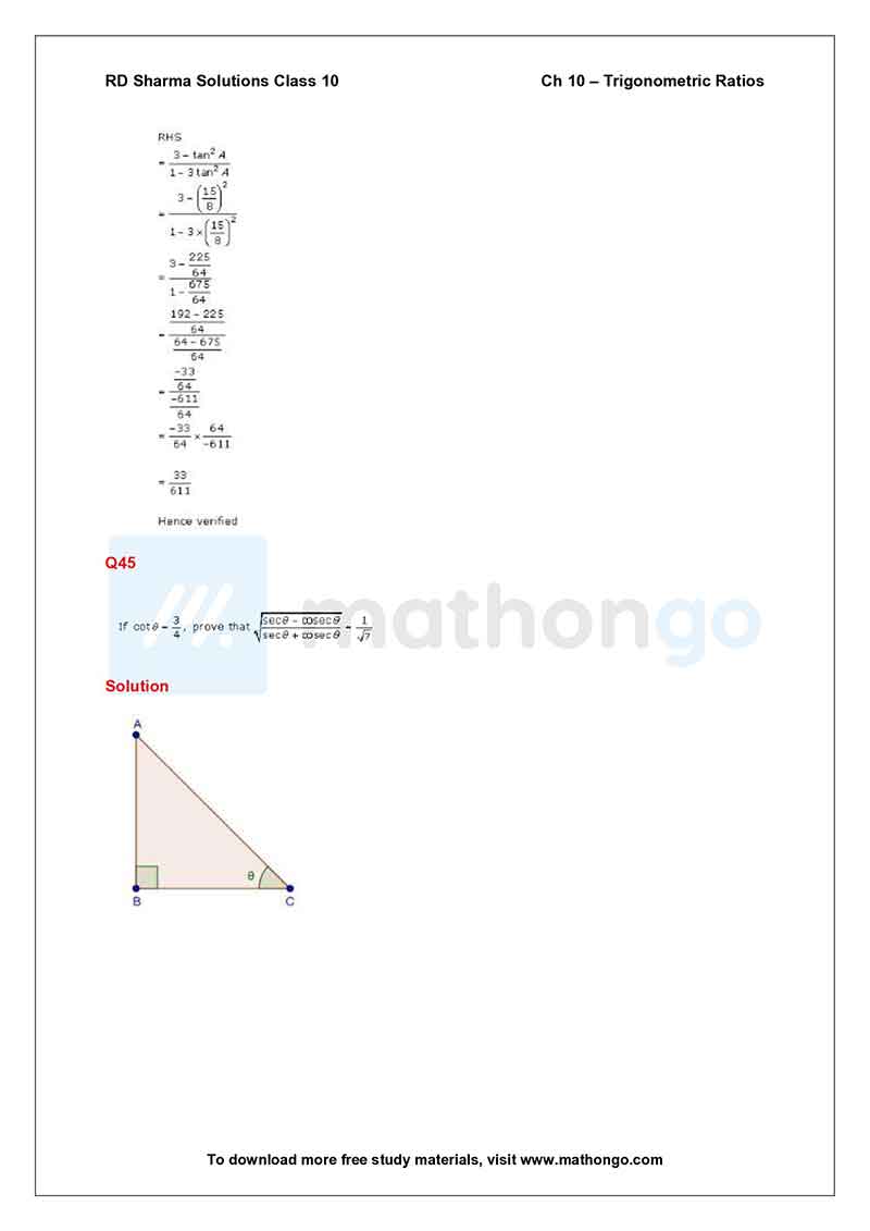 RD Sharma Class 10 Solutions Chapter 10 – Trigonometric Ratios – MathonGo