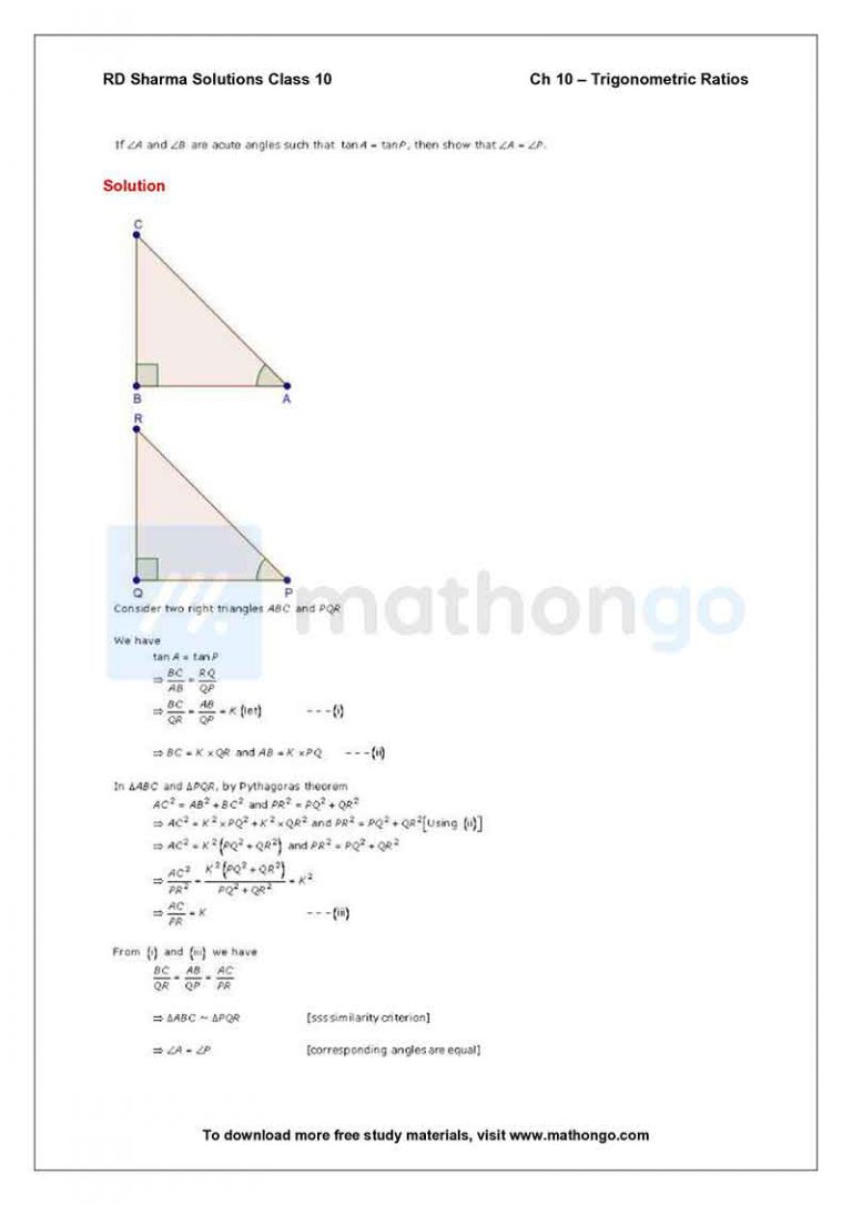 RD Sharma Class 10 Solutions Chapter 10 – Trigonometric Ratios – MathonGo