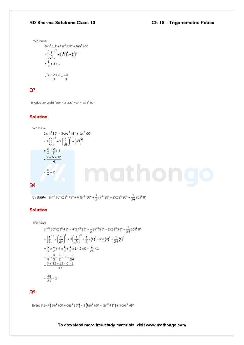 RD Sharma Class 10 Solutions Chapter 10 – Trigonometric Ratios – MathonGo