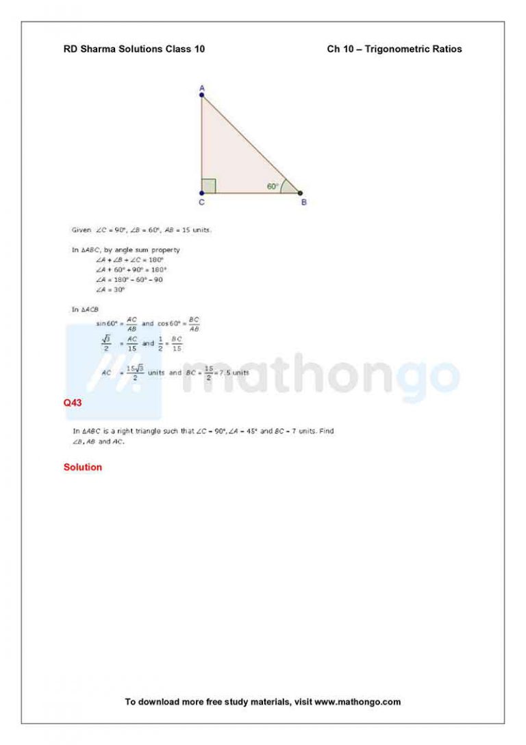 RD Sharma Class 10 Solutions Chapter 10 – Trigonometric Ratios – MathonGo