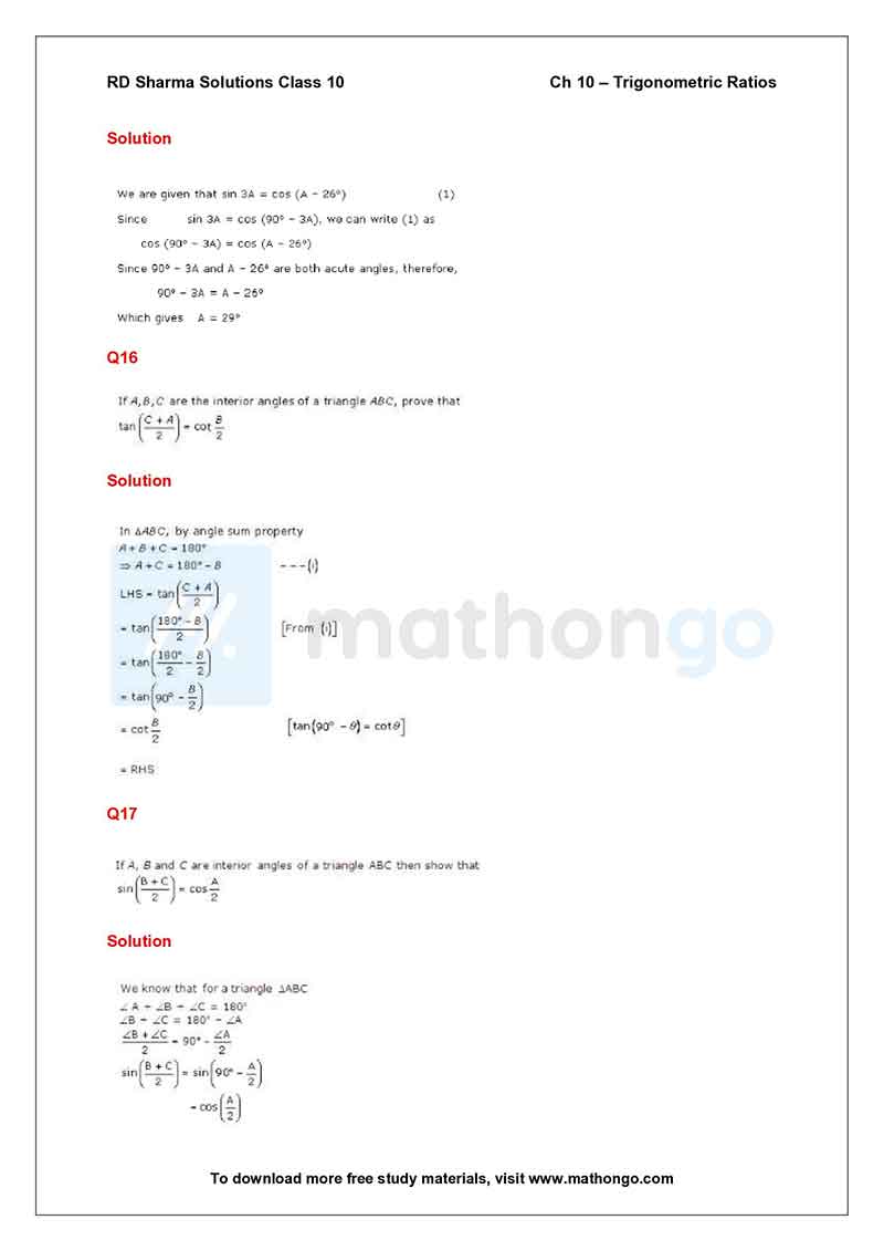 RD Sharma Class 10 Solutions Chapter 10 – Trigonometric Ratios – MathonGo