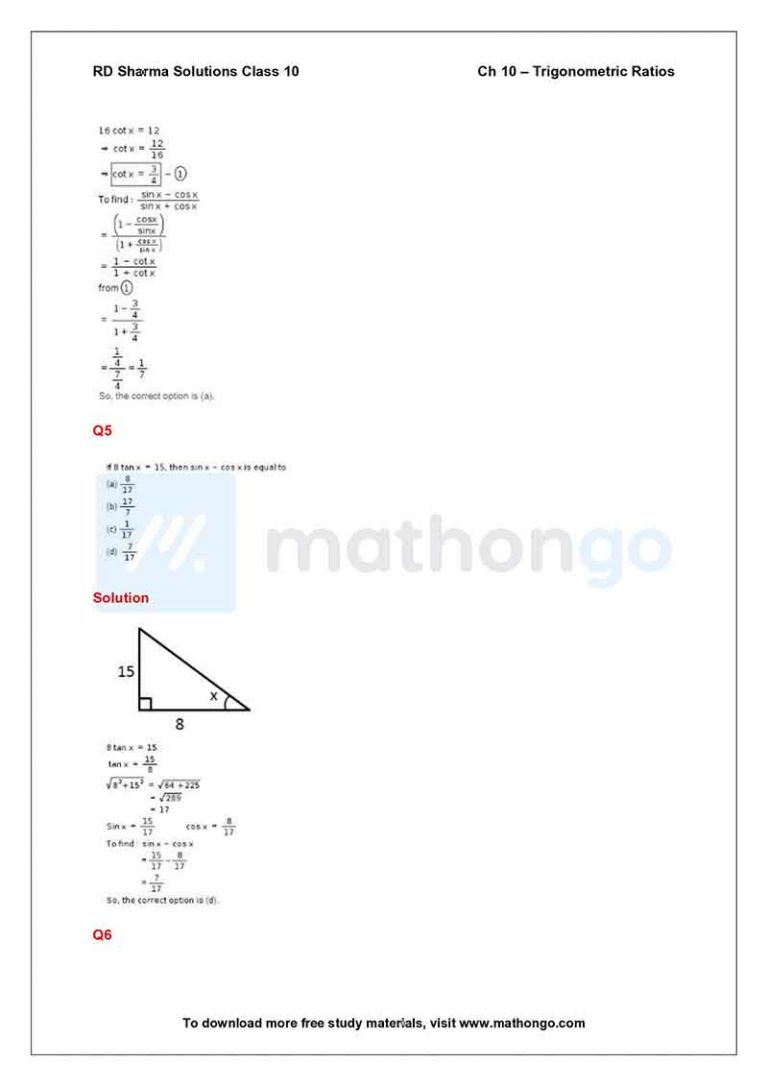 RD Sharma Class 10 Solutions Chapter 10 – Trigonometric Ratios – MathonGo