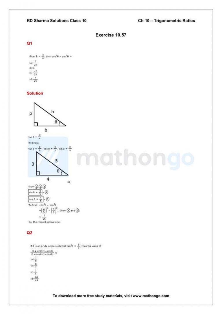 RD Sharma Class 10 Solutions Chapter 10 – Trigonometric Ratios – MathonGo