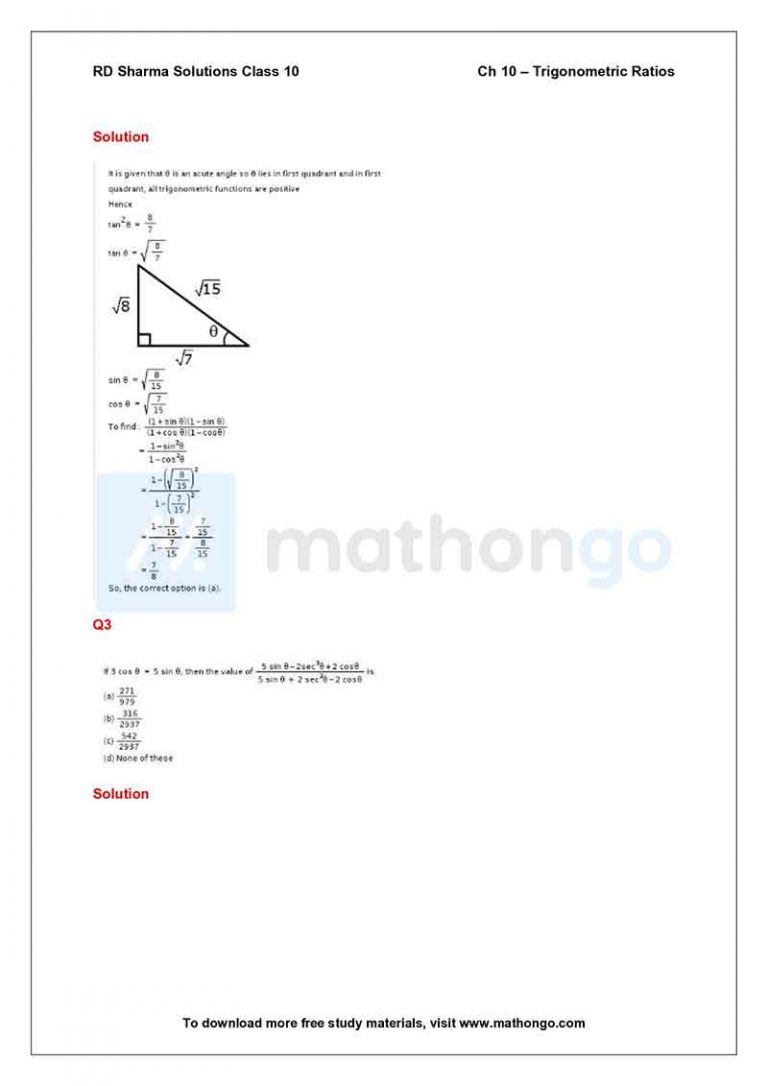 RD Sharma Class 10 Solutions Chapter 10 – Trigonometric Ratios – MathonGo