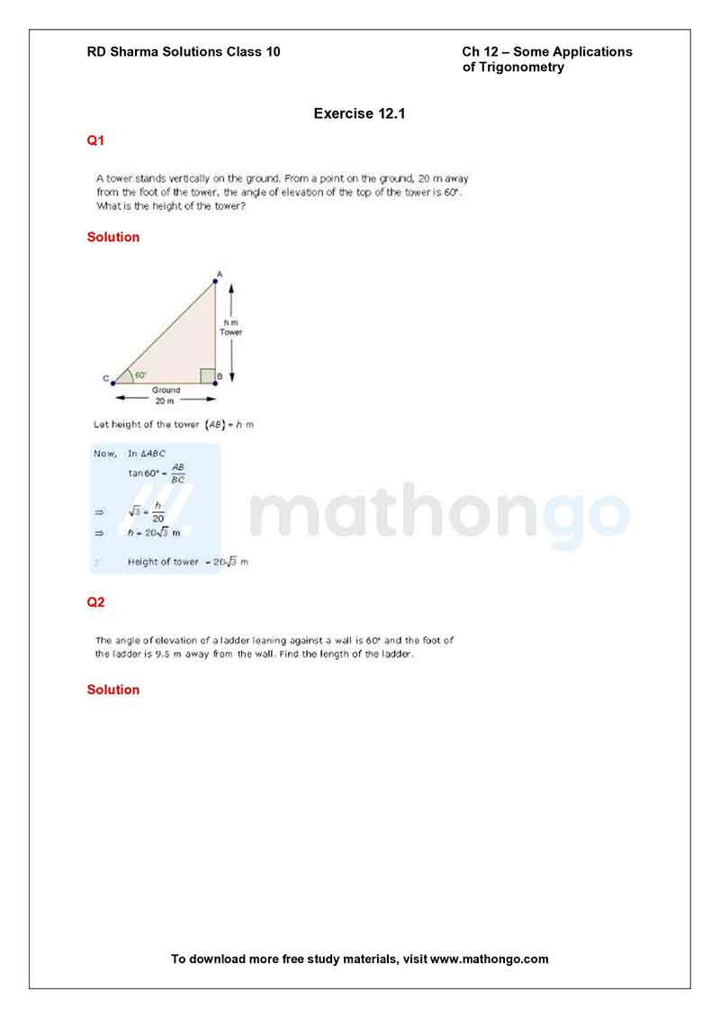 RD Sharma Class 10 Solutions Chapter 12 – Heights and Distances – MathonGo