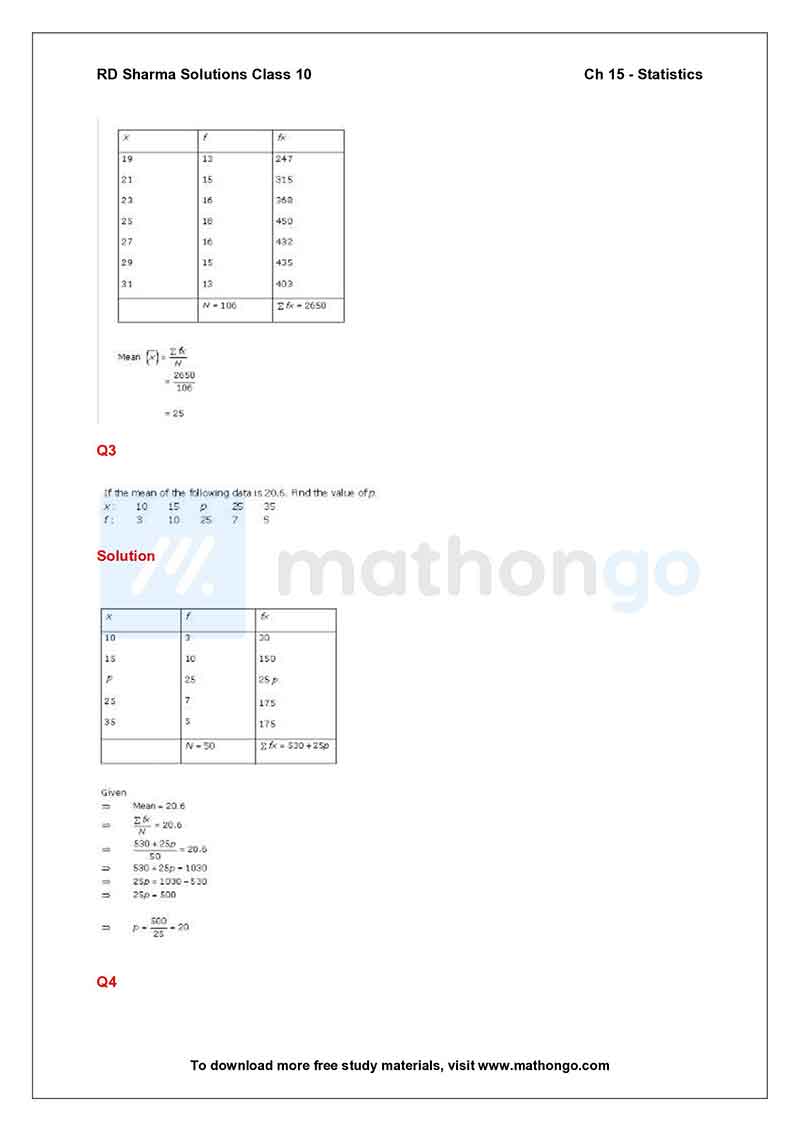 RD Sharma Class 10 Solutions Chapter 15 – Statistics – MathonGo