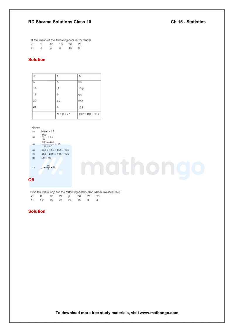 RD Sharma Class 10 Solutions Chapter 15 – Statistics – MathonGo